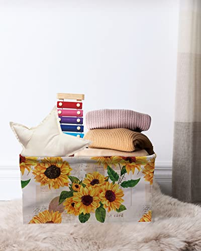 Storage Baskets for Shelves, Foldable Rectangle Storage Baskets, Sunflower with Old Newspaper Storage Containers for Organizing Dorm Closet Room, 2-Pack (15” x 11” x 9.5”)