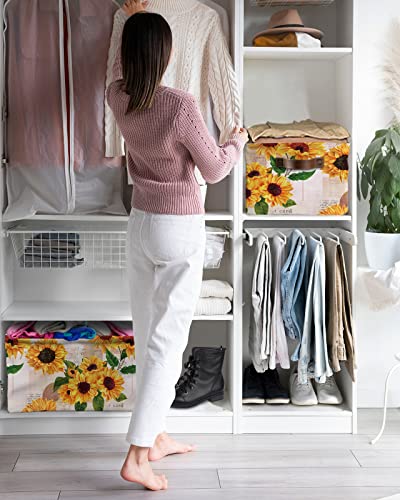 Storage Baskets for Shelves, Foldable Rectangle Storage Baskets, Sunflower with Old Newspaper Storage Containers for Organizing Dorm Closet Room, 2-Pack (15” x 11” x 9.5”)