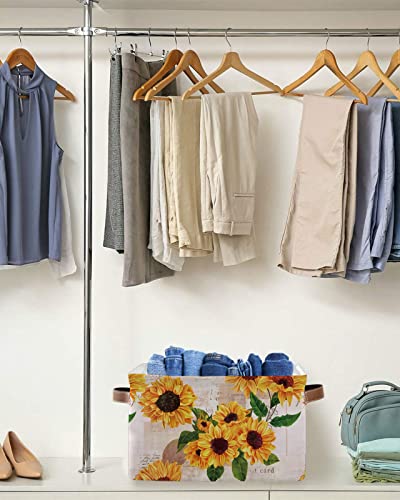 Storage Baskets for Shelves, Foldable Rectangle Storage Baskets, Sunflower with Old Newspaper Storage Containers for Organizing Dorm Closet Room, 2-Pack (15” x 11” x 9.5”)