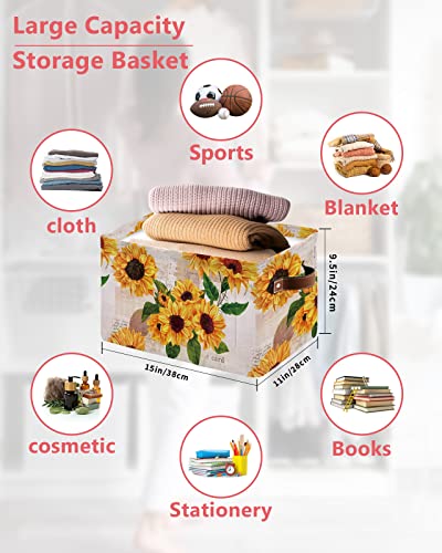 Storage Baskets for Shelves, Foldable Rectangle Storage Baskets, Sunflower with Old Newspaper Storage Containers for Organizing Dorm Closet Room, 2-Pack (15” x 11” x 9.5”)