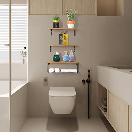 WAKOSAN Floating Shelf,Floating Shelves Wall Mounted Set of 3,Solid Wood Floating Shelves,Rustic Wood Wall Shelves for Kitchen Living Room,Bedroom Shelves,Bathroom Shelf (Natural Brown)