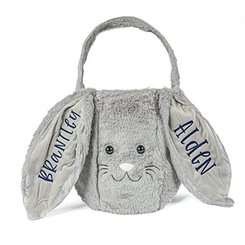 Personalized Easter Candy Basket with Embroidered Name - Custom Bunny Plush Tote Bag Easter Baskets for Kids - Egg Bucket Goodies Bags for Easter - Cute Easter Gift Carrying Buckets- Gray