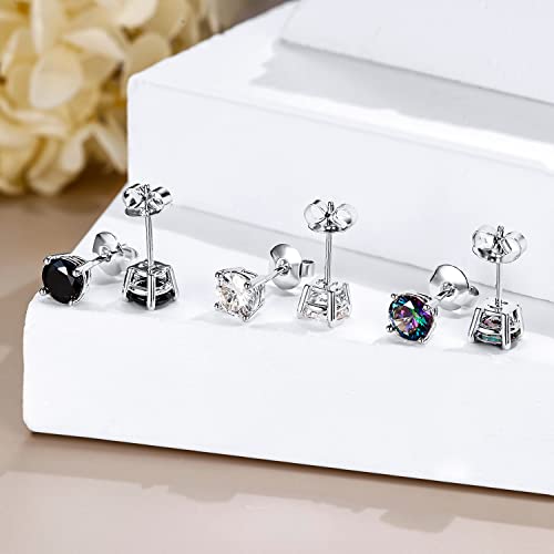 3 Pairs 6mm Round Stud Earrings Set for Women and Men, Clear/Rainbow/Black Cubic Zirconia Hypoallergenic Earring Pack (White Gold)