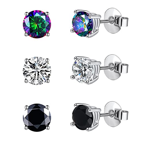 3 Pairs 6mm Round Stud Earrings Set for Women and Men, Clear/Rainbow/Black Cubic Zirconia Hypoallergenic Earring Pack (White Gold)
