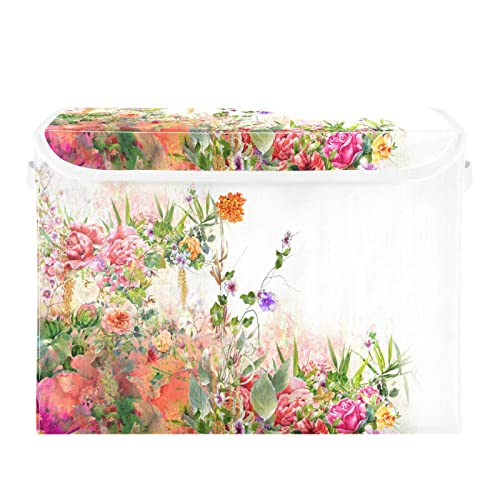 GOODOLD Watercolor Leaves Flower Storage Bins with Lids, 16.5x12.6x11.8in Large Collapsible Fabric Storage Boxes with Handles, Stackable Cube Organizer Containers for Closet Home Office