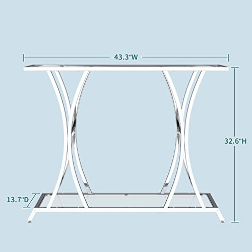 ASYA 2-Tier Glass Entryway Table, Console Tables for Entryway with Chrome Frame, Silver Glass Sofa Table for Entryway, Living Room, Chrome Finish