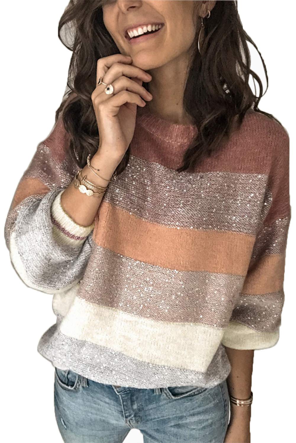 ANCAPELION Women’s Casual Sweater Pullover Tops Sequin Glitter Winter Basic Long Sleeve Knitted Orange Sweatshirt Tops Small