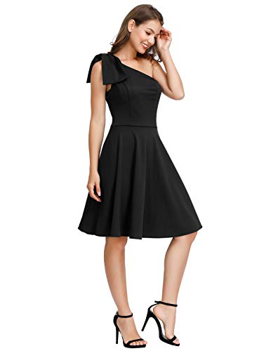 Black Fit and Flare Dress for Women with Pockets Vintage Cocktail One Shoulder Formal Dress Black M