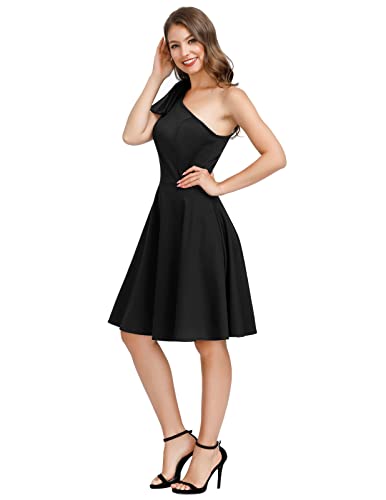 Black Fit and Flare Dress for Women with Pockets Vintage Cocktail One Shoulder Formal Dress Black M