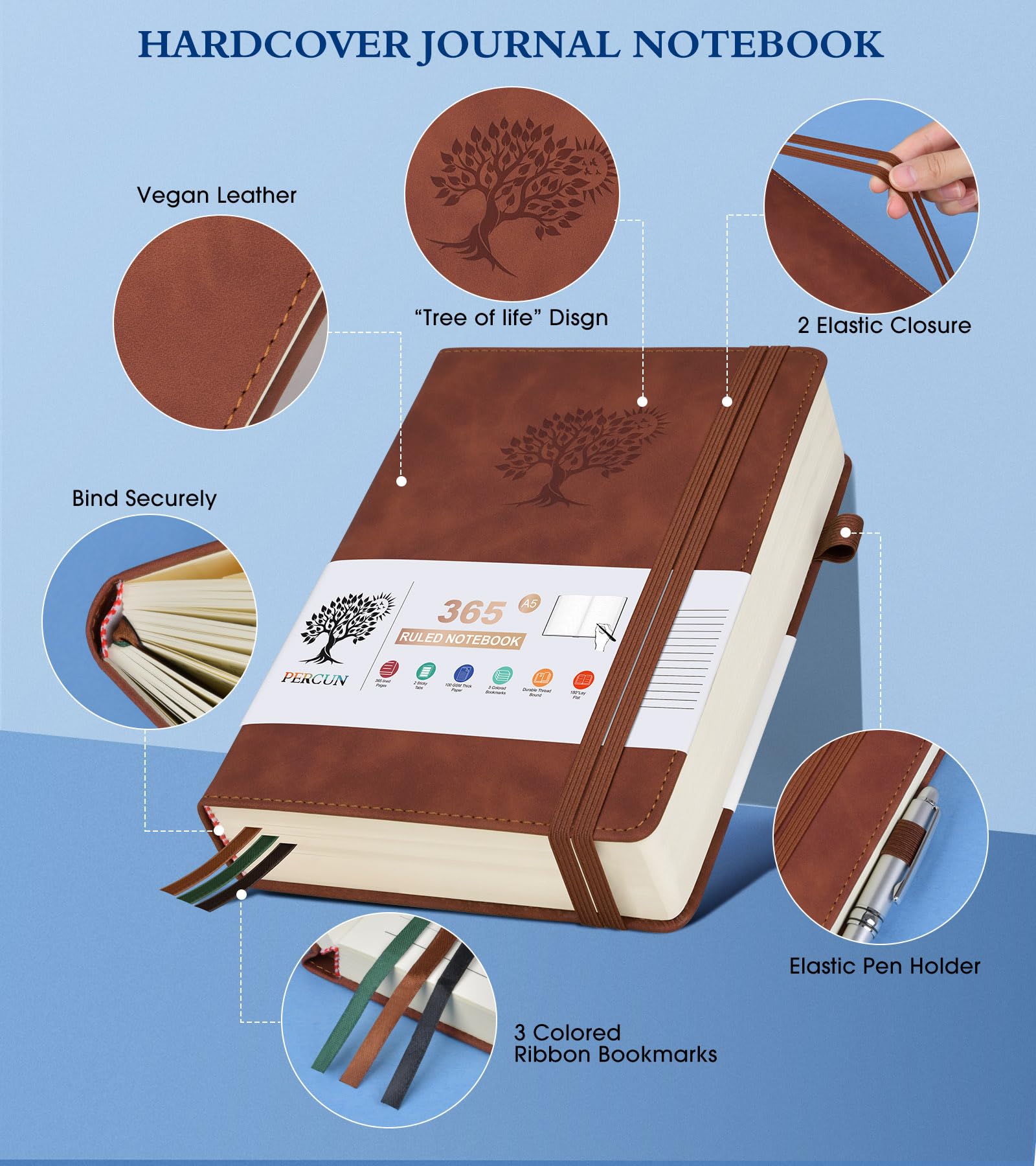A5 Lined Journal Notebook - 365 Page Leather Journals for Writing Women & Men,Hardcover Notebook with 100Gsm Thick Pages,Daily Diary for Travel, Work,School,Note Taking,College Ruled (5.9" x 8.5")
