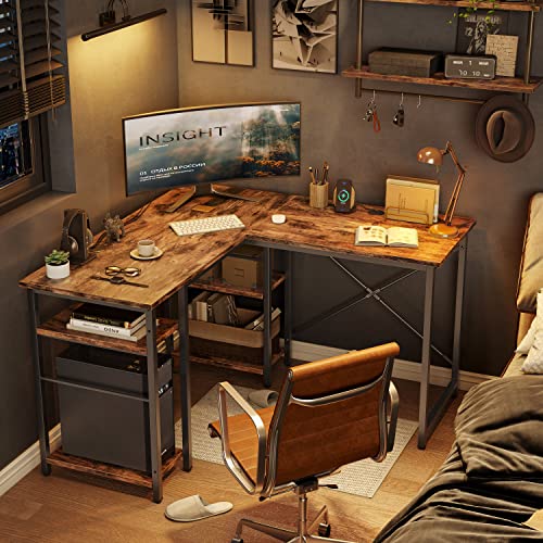 Bestier L Shaped Desk with Shelves 75 Inch Reversible Corner Computer Desk or 2 Person Long Table, Writing Study Desk for Home Office Small Space Bedroom Apartment, Rustic Brown