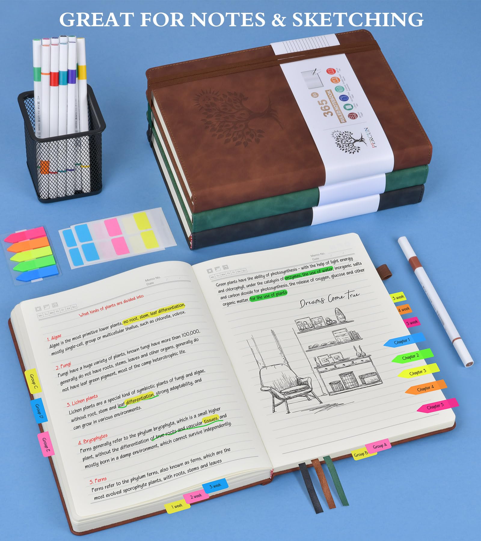 A5 Lined Journal Notebook - 365 Page Leather Journals for Writing Women & Men,Hardcover Notebook with 100Gsm Thick Pages,Daily Diary for Travel, Work,School,Note Taking,College Ruled (5.9" x 8.5")
