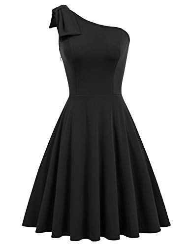 Black Fit and Flare Dress for Women with Pockets Vintage Cocktail One Shoulder Formal Dress Black M