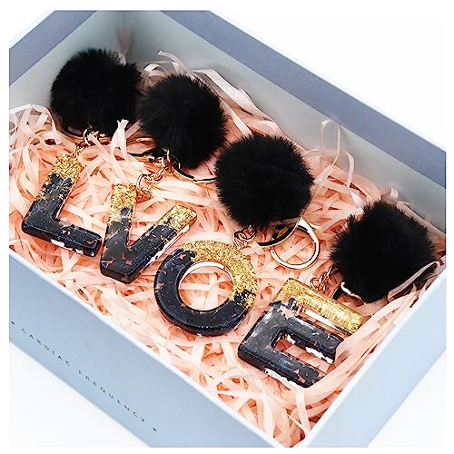 Lucky 26 Initials Letter Keychain Black Plush Ball Keyring Resin Letter Pendant Gift for Women Girl (Black Plush Ball letter-L)
