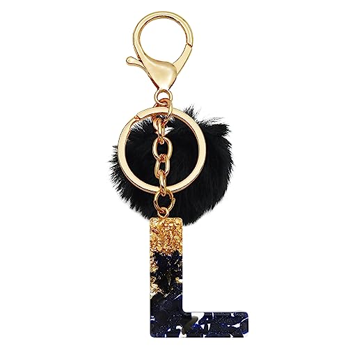 Lucky 26 Initials Letter Keychain Black Plush Ball Keyring Resin Letter Pendant Gift for Women Girl (Black Plush Ball letter-L)