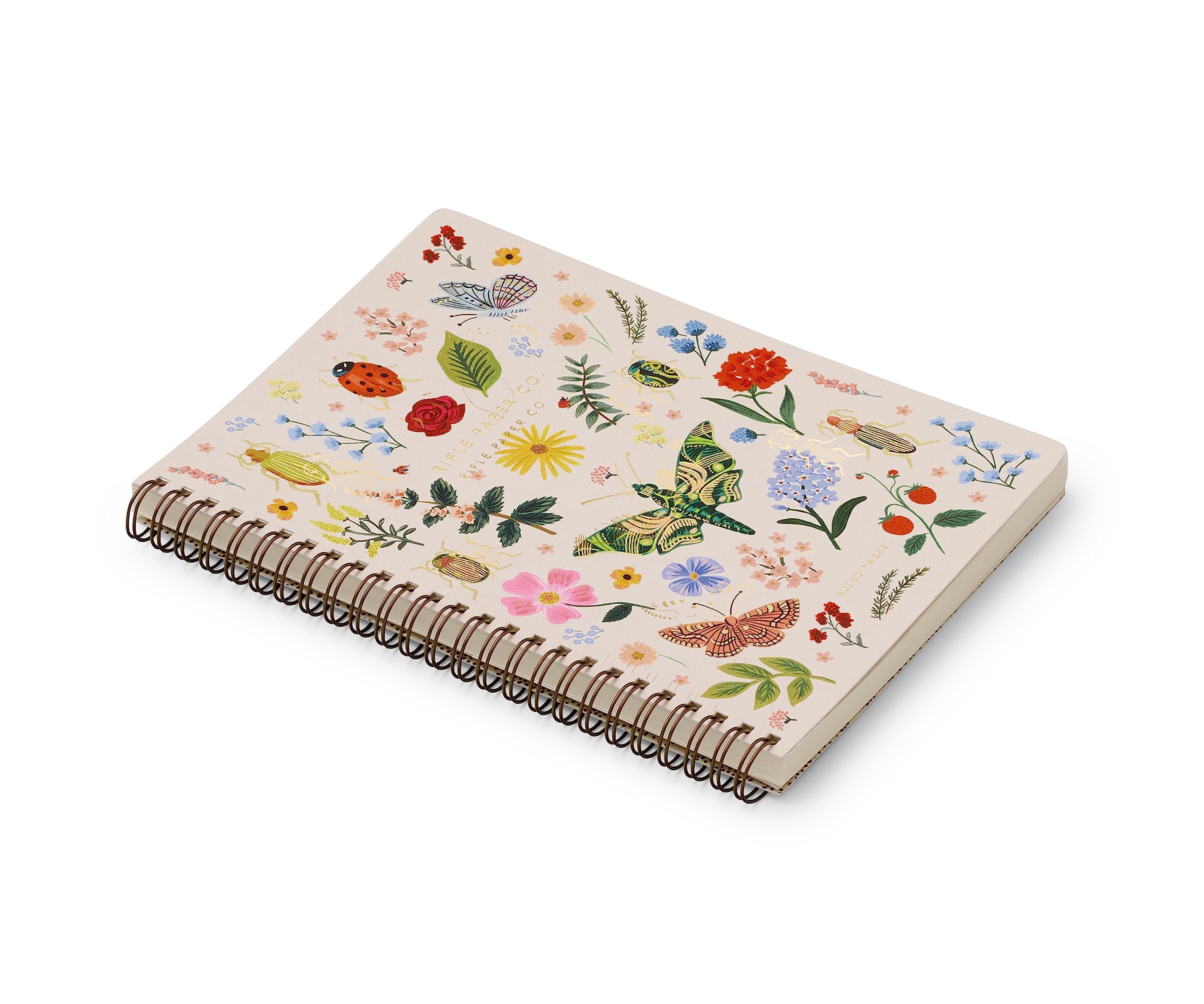 RIFLE PAPER CO. Spiral Notebook | 150 Ruled Pages, Inner Storage Pocket Folders, Double-Spiral Binding, Metallic Gold Foil Accents (8.25" L x 6.25" W), Curio