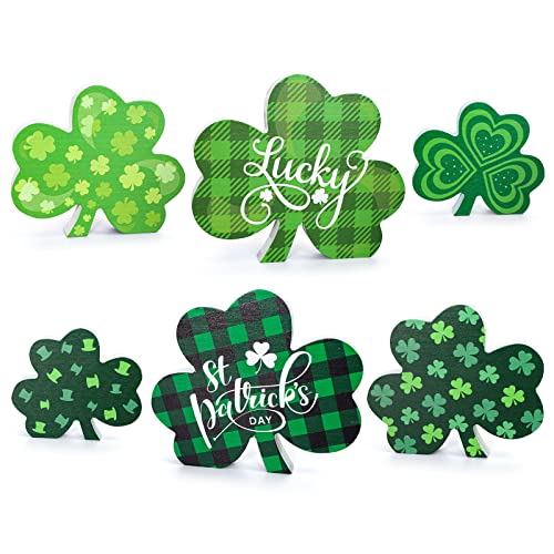 Whaline 3Pcs St. Patrick's Day Wooden Signs Green Plaid Shamrock Table Ornament Lucky Clover Double-Side Print Table Centerpieces Irish Holiday Table Centerpieces for Home Fireplace Tiered Tray Decor