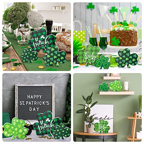Whaline 3Pcs St. Patrick's Day Wooden Signs Green Plaid Shamrock Table Ornament Lucky Clover Double-Side Print Table Centerpieces Irish Holiday Table Centerpieces for Home Fireplace Tiered Tray Decor