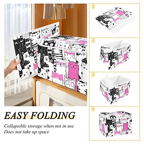 CaTaKu Cute Cat Funny Storage Bins with Lids and Handles, Fabric Large Storage Container Cube Basket with Lid Decorative Storage Boxes for Organizing Clothes