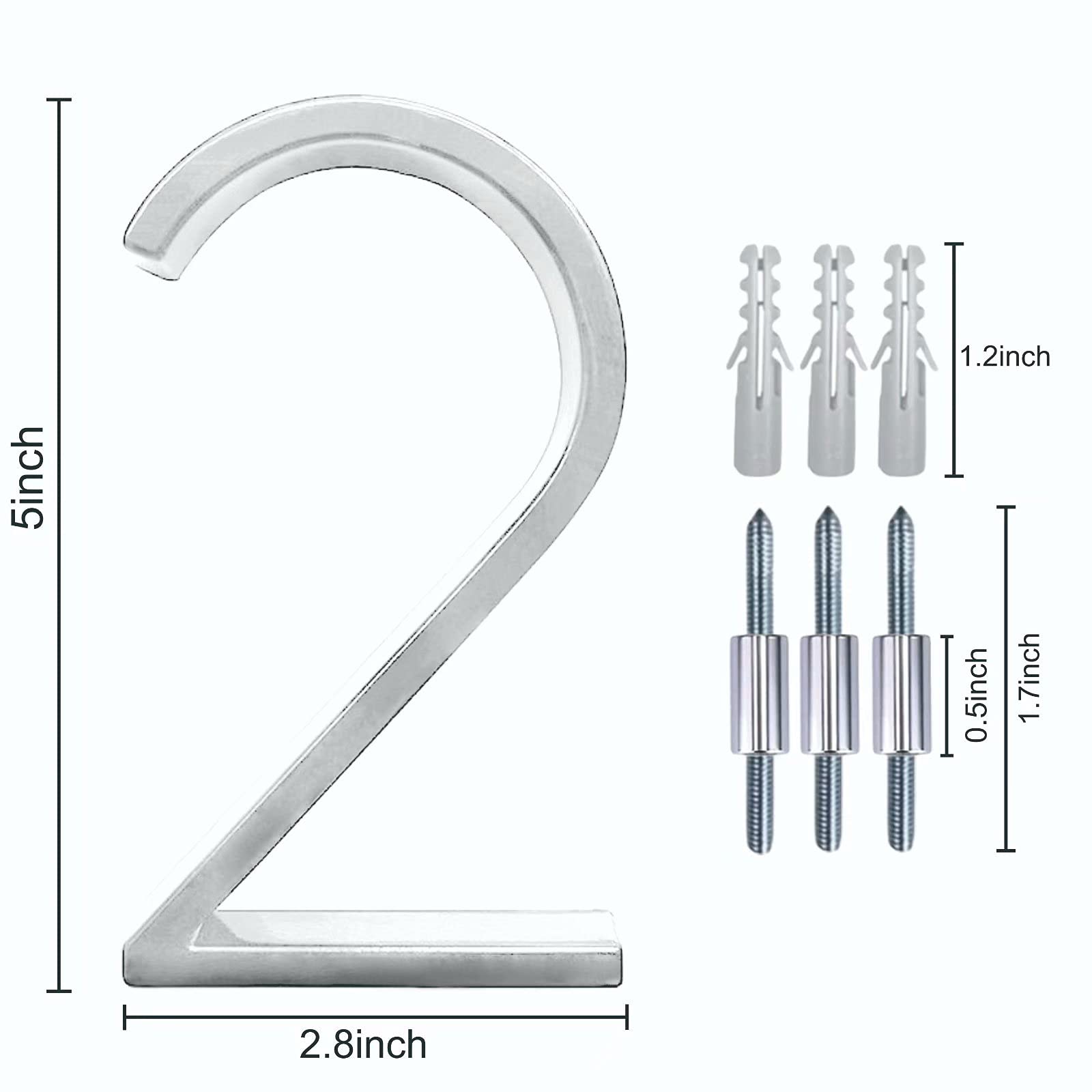 5" Zinc Alloy Floating House Number, Metal Modern House Numbers, Garden Door Mailbox Number Sign with Nail Kit, Coated Glossy Silver, Durable Visibility Signage,2