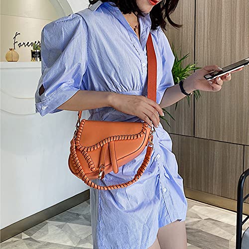 Women Saddle Shoulder Bag Leather Shoulder Bag Knit Underarm Crossbody Bag Vintage Satchel Handbags