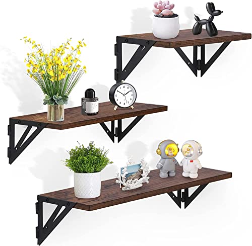 VECELO Floating Shelves, 3 Sets of Wall Mounted Shelf for Bathroom Decor, Bedroom, Living Room and Plants - Classic Brown