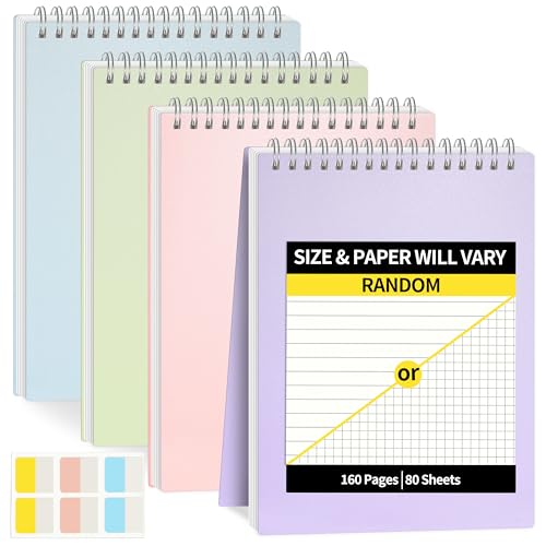 SUNEE Sizes & Paper Styles Will Vary - 4 Pack Top Bound Spiral Notebook - Waterproof PP Cover, 80 Double-Sided Sheets