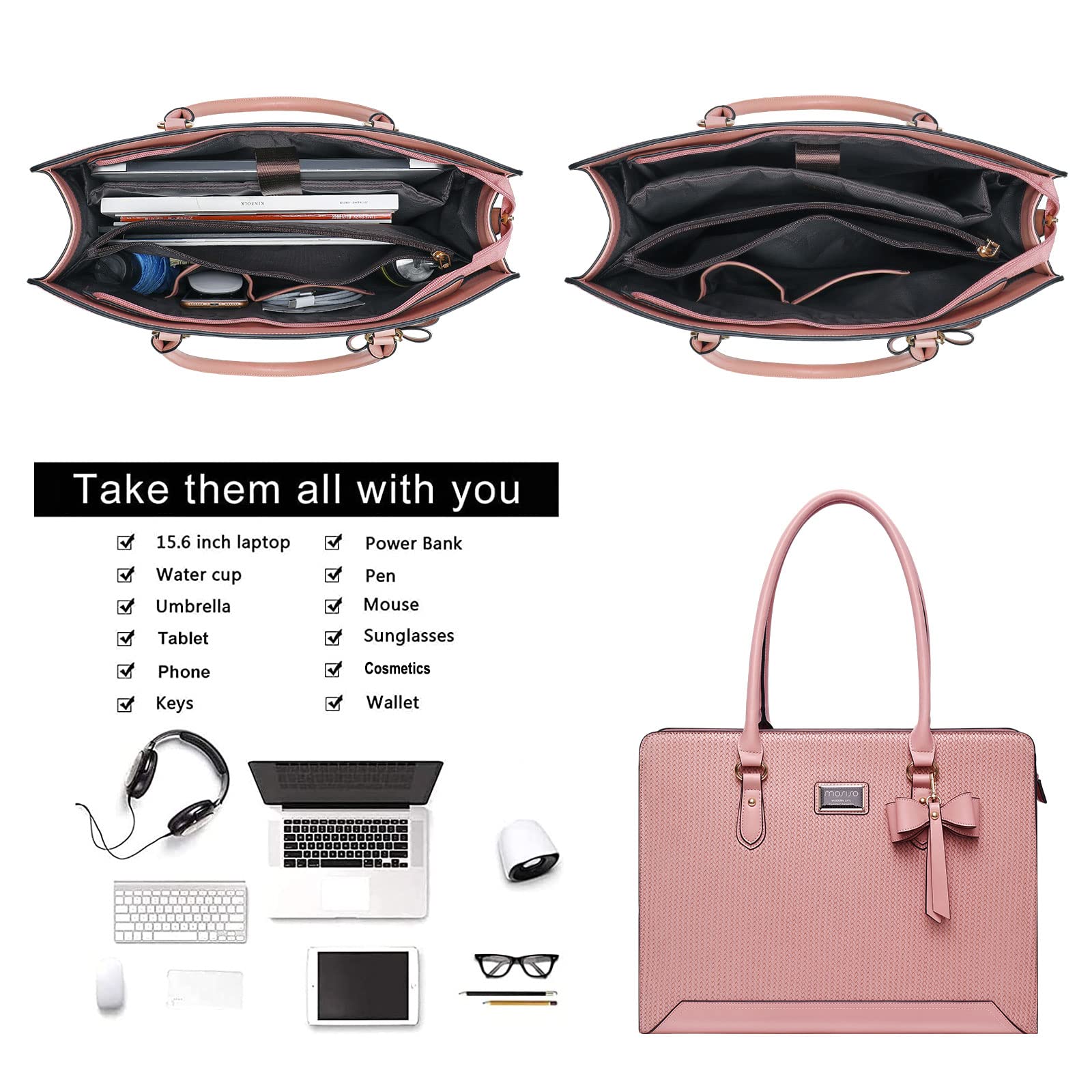 MOSISO Laptop Tote Bag for Women, 15.6 inch PU Leather Laptop Bag Compatible with MacBook, HP, Dell, Asus Notebook, Large Capacity Woven Travel Work Office Computer Briefcase & Clutch Purse, Pink
