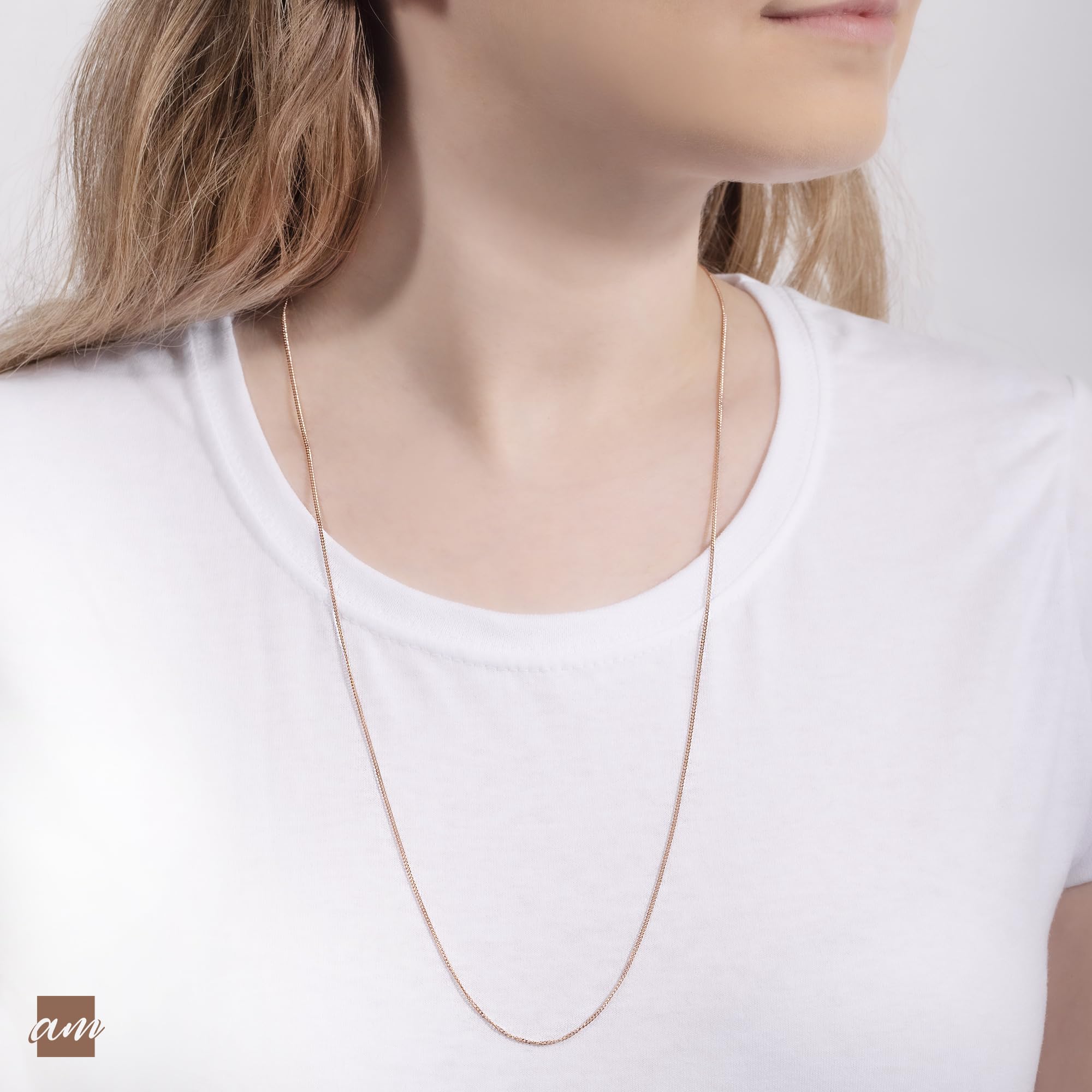 Amberta 14K Rose Gold Plated on 925 Sterling Silver 1.3 mm Curb Chain Necklace Length 28" inch / 70 cm (28)