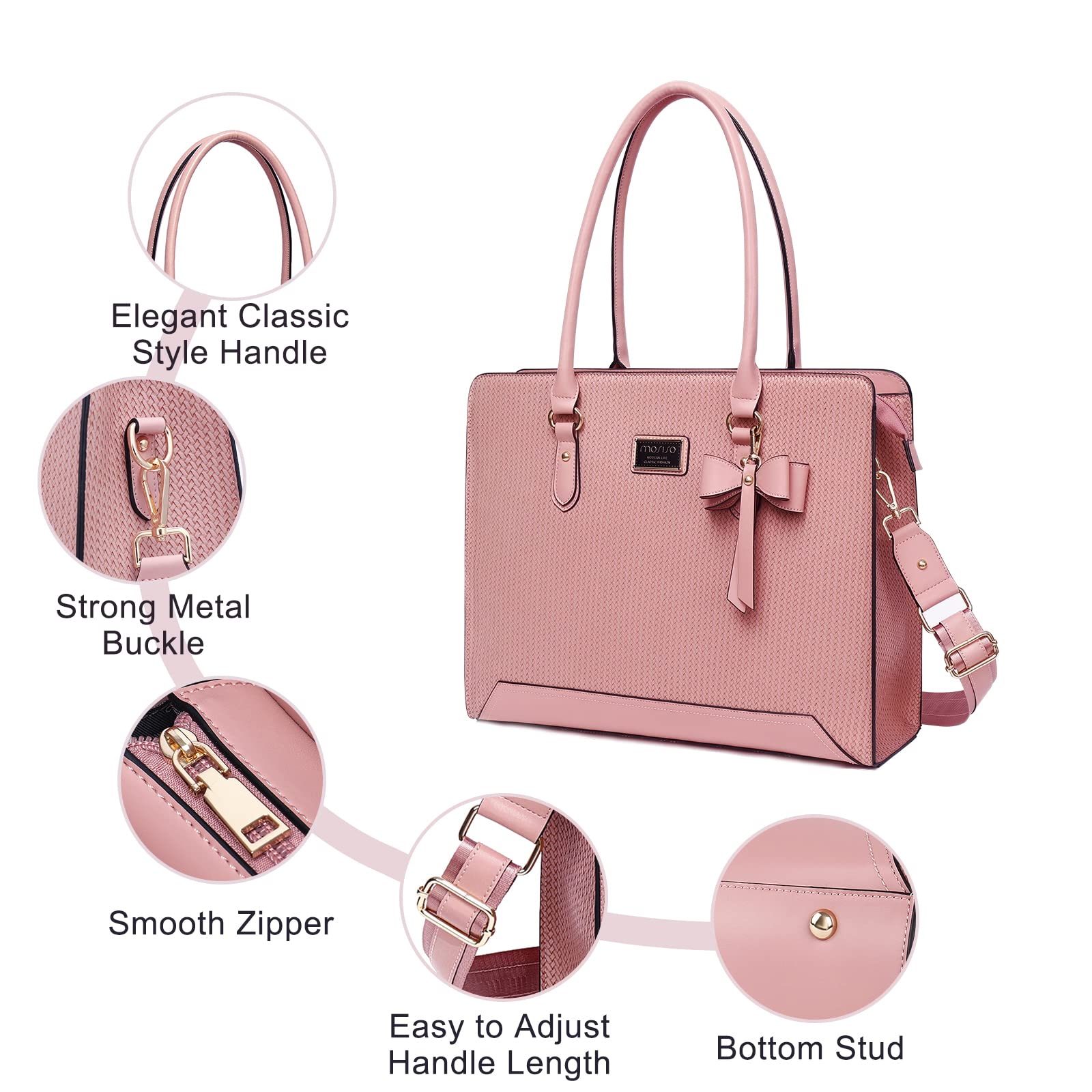 MOSISO Laptop Tote Bag for Women, 15.6 inch PU Leather Laptop Bag Compatible with MacBook, HP, Dell, Asus Notebook, Large Capacity Woven Travel Work Office Computer Briefcase & Clutch Purse, Pink
