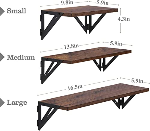 VECELO Floating Shelves, 3 Sets of Wall Mounted Shelf for Bathroom Decor, Bedroom, Living Room and Plants - Classic Brown