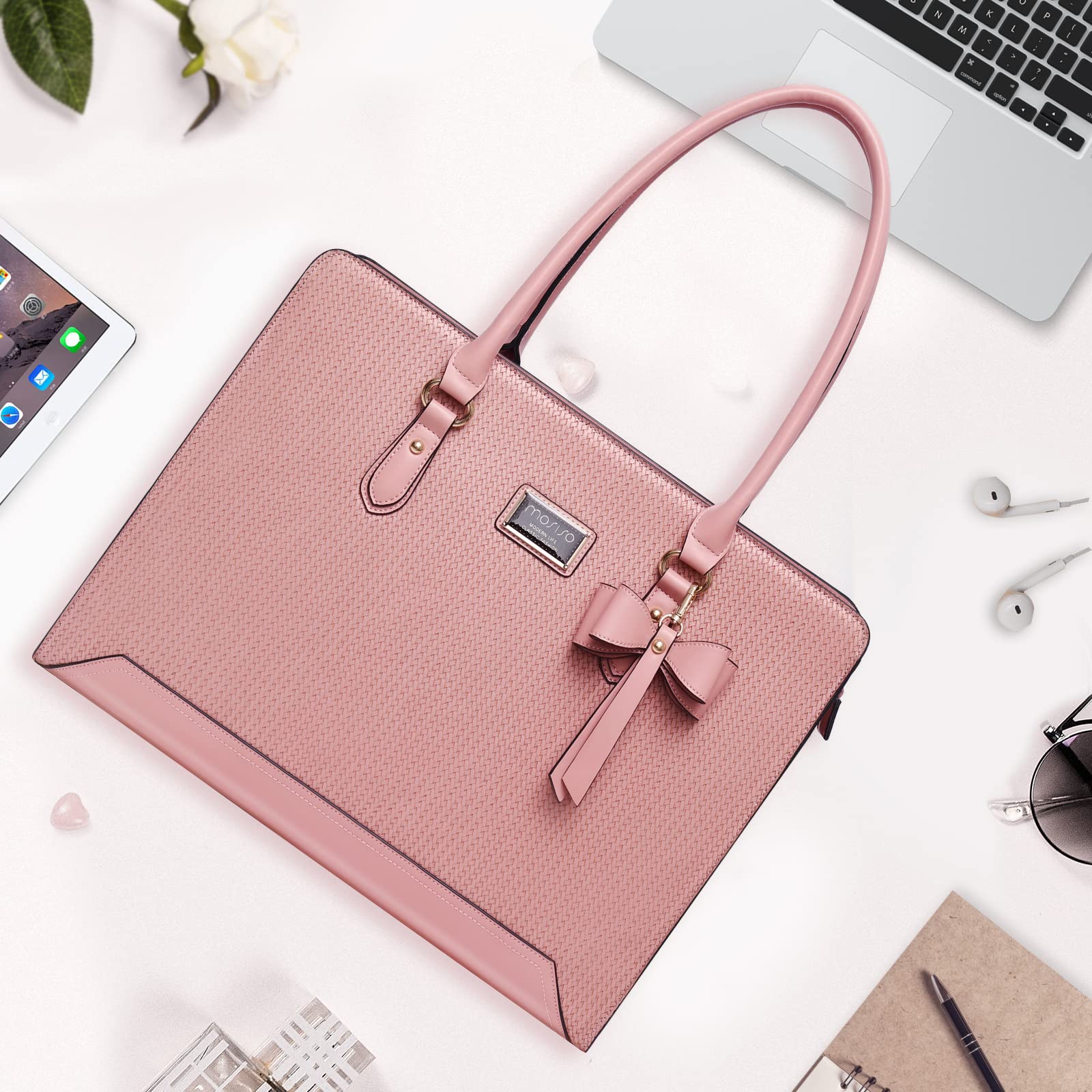 MOSISO Laptop Tote Bag for Women, 15.6 inch PU Leather Laptop Bag Compatible with MacBook, HP, Dell, Asus Notebook, Large Capacity Woven Travel Work Office Computer Briefcase & Clutch Purse, Pink
