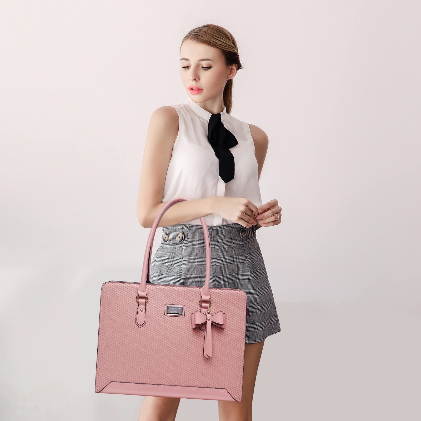 MOSISO Laptop Tote Bag for Women, 15.6 inch PU Leather Laptop Bag Compatible with MacBook, HP, Dell, Asus Notebook, Large Capacity Woven Travel Work Office Computer Briefcase & Clutch Purse, Pink