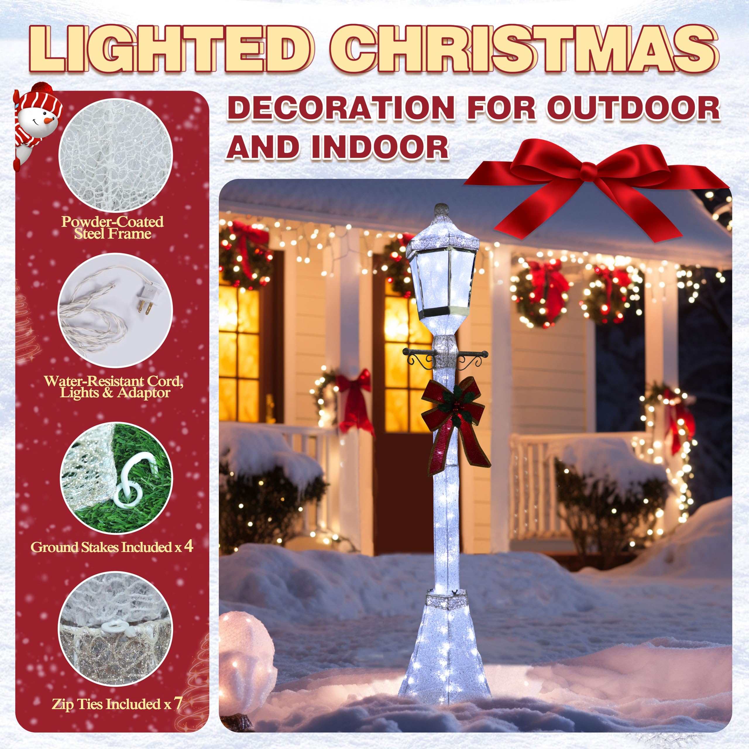 MUPATER 6 ft Tall Pre-Lit Energy-Efficient LED White LAMP-Post, Christmas Holiday Outdoor Lighted Decoration for Yard, Porch, Entry - Ground Stakes Included
