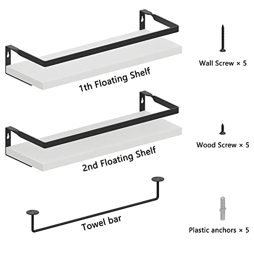 RichFire Floating Shelves Set of 2, Wall Shelves for Bathroom, Kitchen, Bedroom& Living Room, White Shelves for Wall Decor, Bathroom Shelves, Wall Shelves with Towel Bar