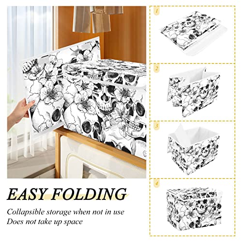 Kigai Storage Basket Abstract Skull Black White Storage Boxes with Lids and Handle, Large Storage Cube Bin Collapsible for Shelves Closet Bedroom Living Room, 16.5x12.6x11.8 In