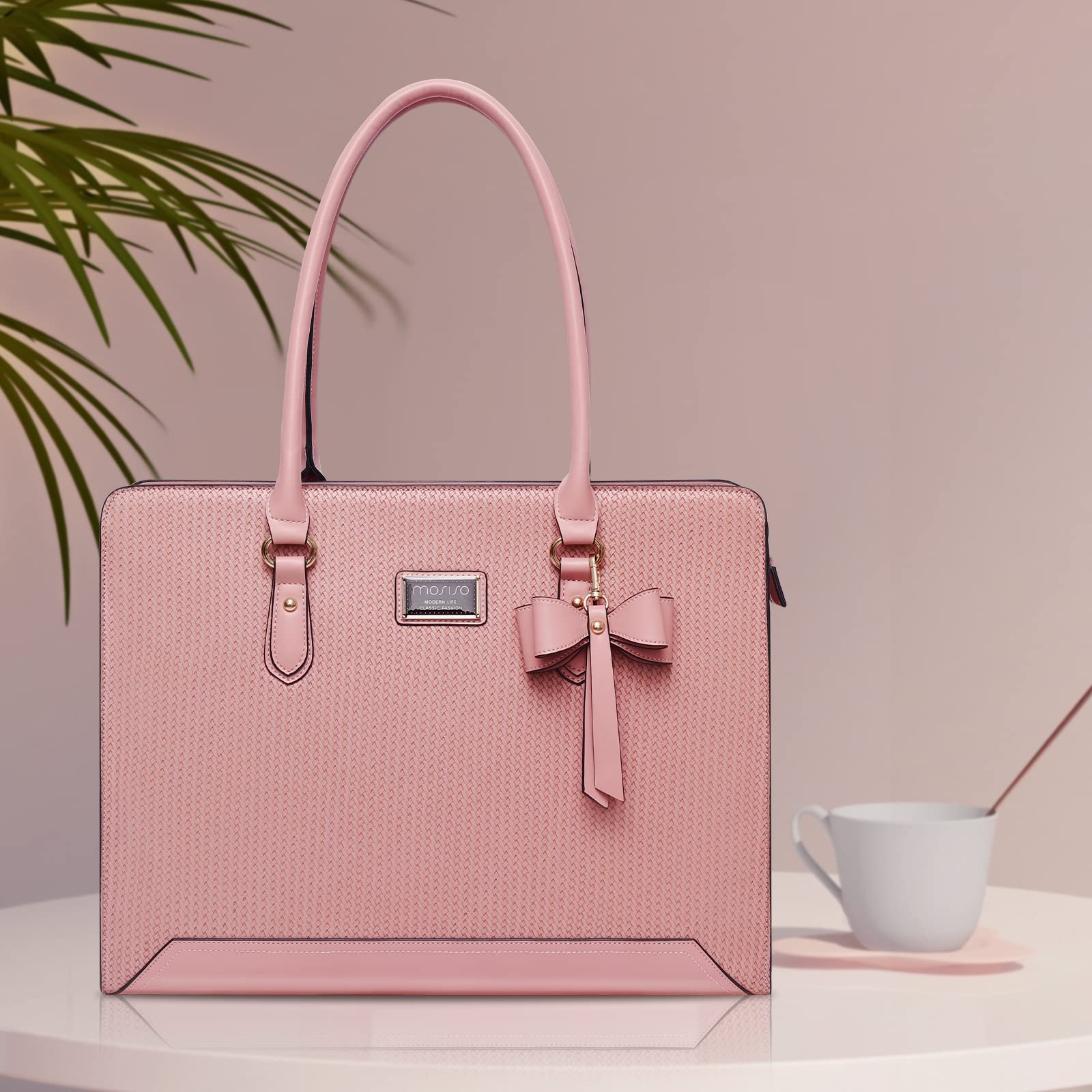 MOSISO Laptop Tote Bag for Women, 15.6 inch PU Leather Laptop Bag Compatible with MacBook, HP, Dell, Asus Notebook, Large Capacity Woven Travel Work Office Computer Briefcase & Clutch Purse, Pink