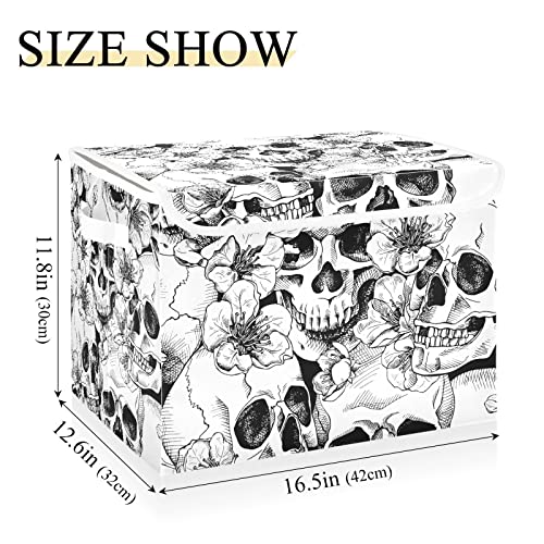 Kigai Storage Basket Abstract Skull Black White Storage Boxes with Lids and Handle, Large Storage Cube Bin Collapsible for Shelves Closet Bedroom Living Room, 16.5x12.6x11.8 In