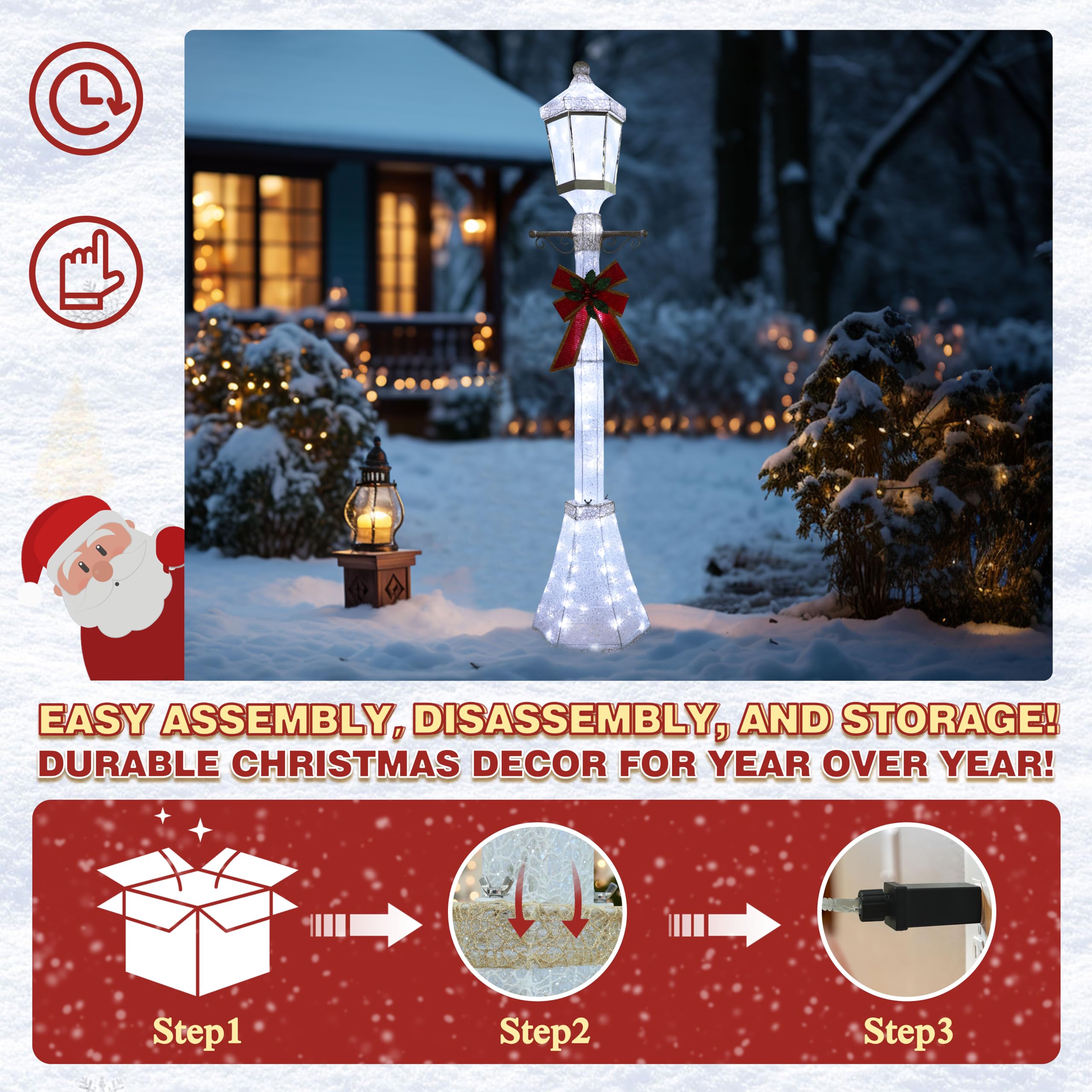 MUPATER 6 ft Tall Pre-Lit Energy-Efficient LED White LAMP-Post, Christmas Holiday Outdoor Lighted Decoration for Yard, Porch, Entry - Ground Stakes Included