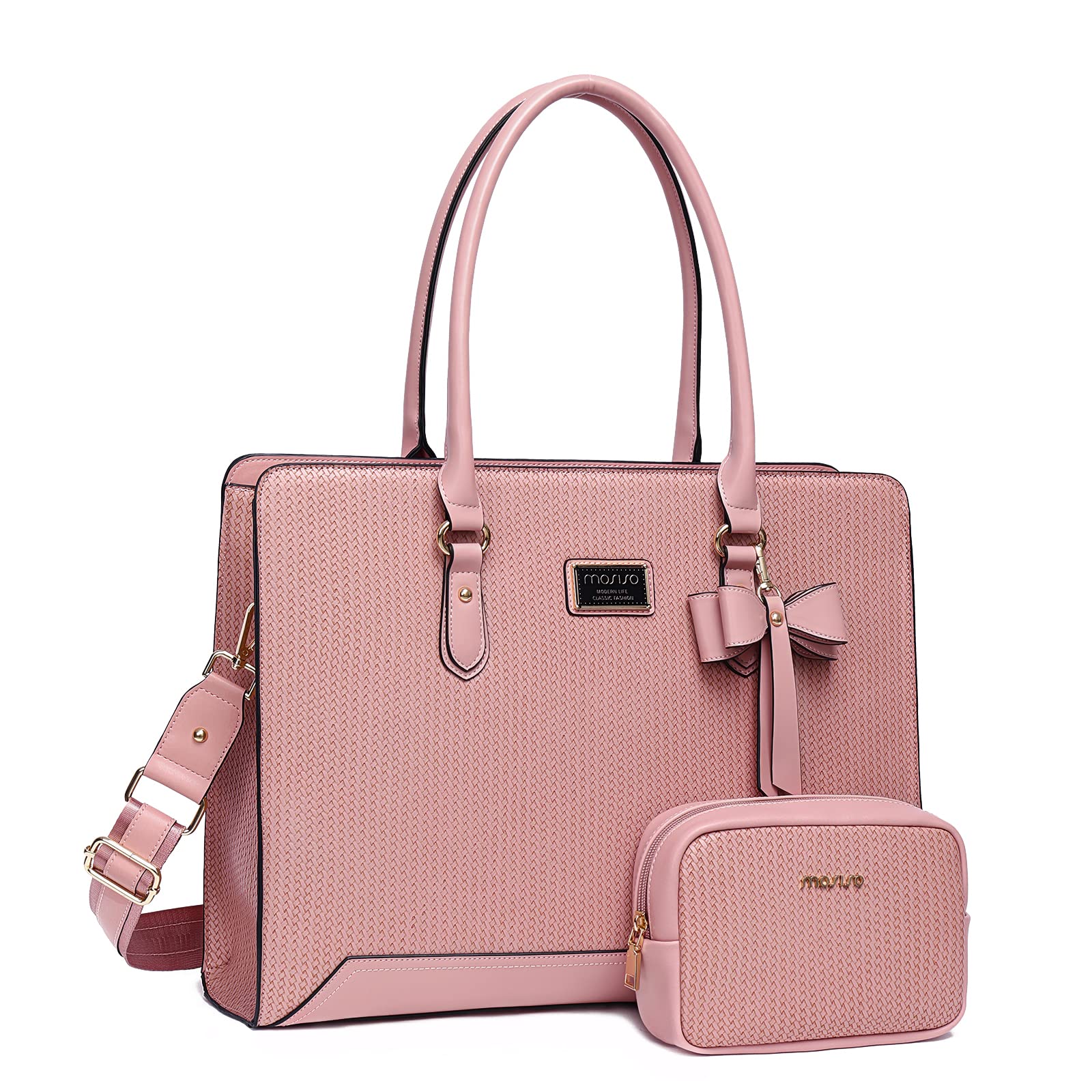 MOSISO Laptop Tote Bag for Women, 15.6 inch PU Leather Laptop Bag Compatible with MacBook, HP, Dell, Asus Notebook, Large Capacity Woven Travel Work Office Computer Briefcase & Clutch Purse, Pink