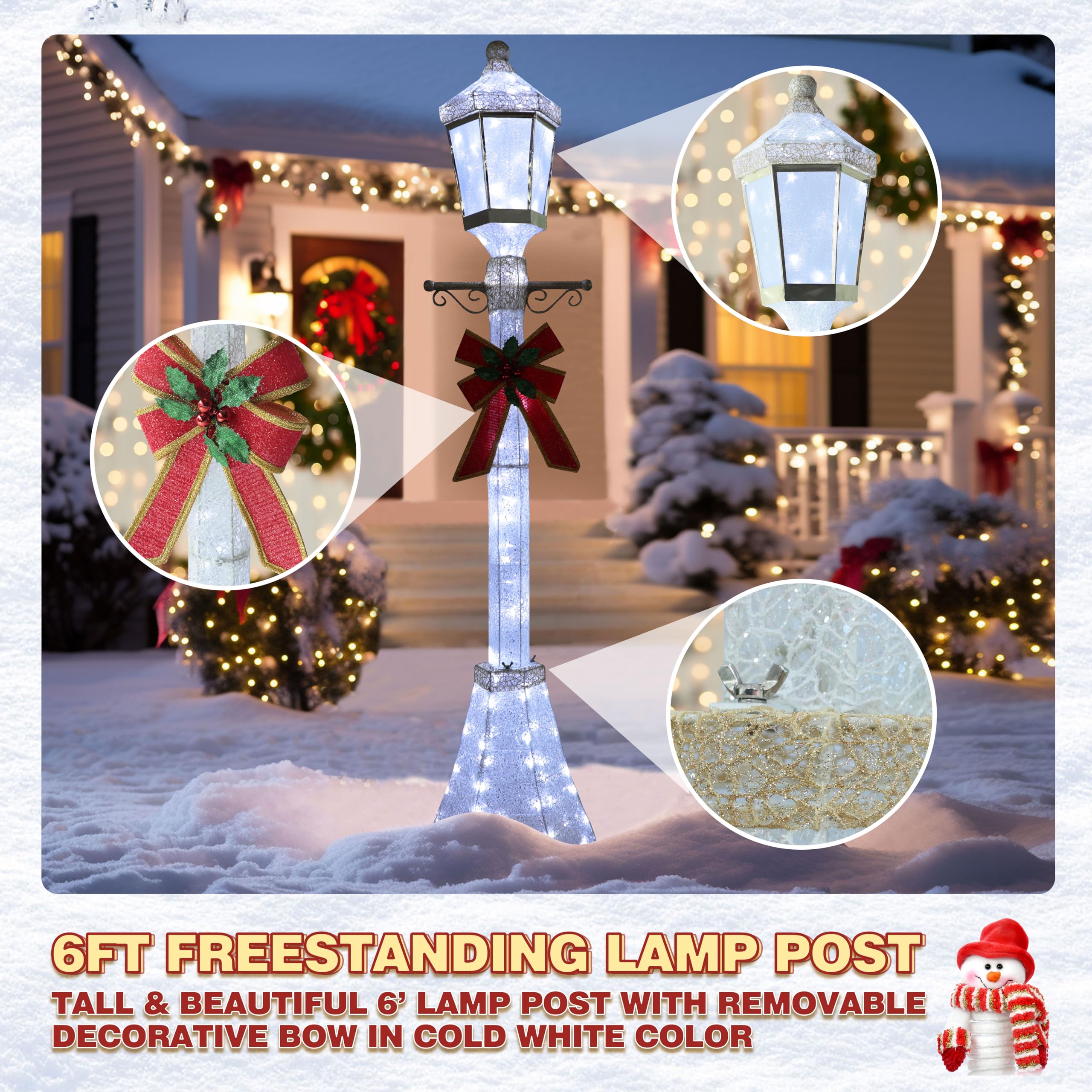 MUPATER 6 ft Tall Pre-Lit Energy-Efficient LED White LAMP-Post, Christmas Holiday Outdoor Lighted Decoration for Yard, Porch, Entry - Ground Stakes Included