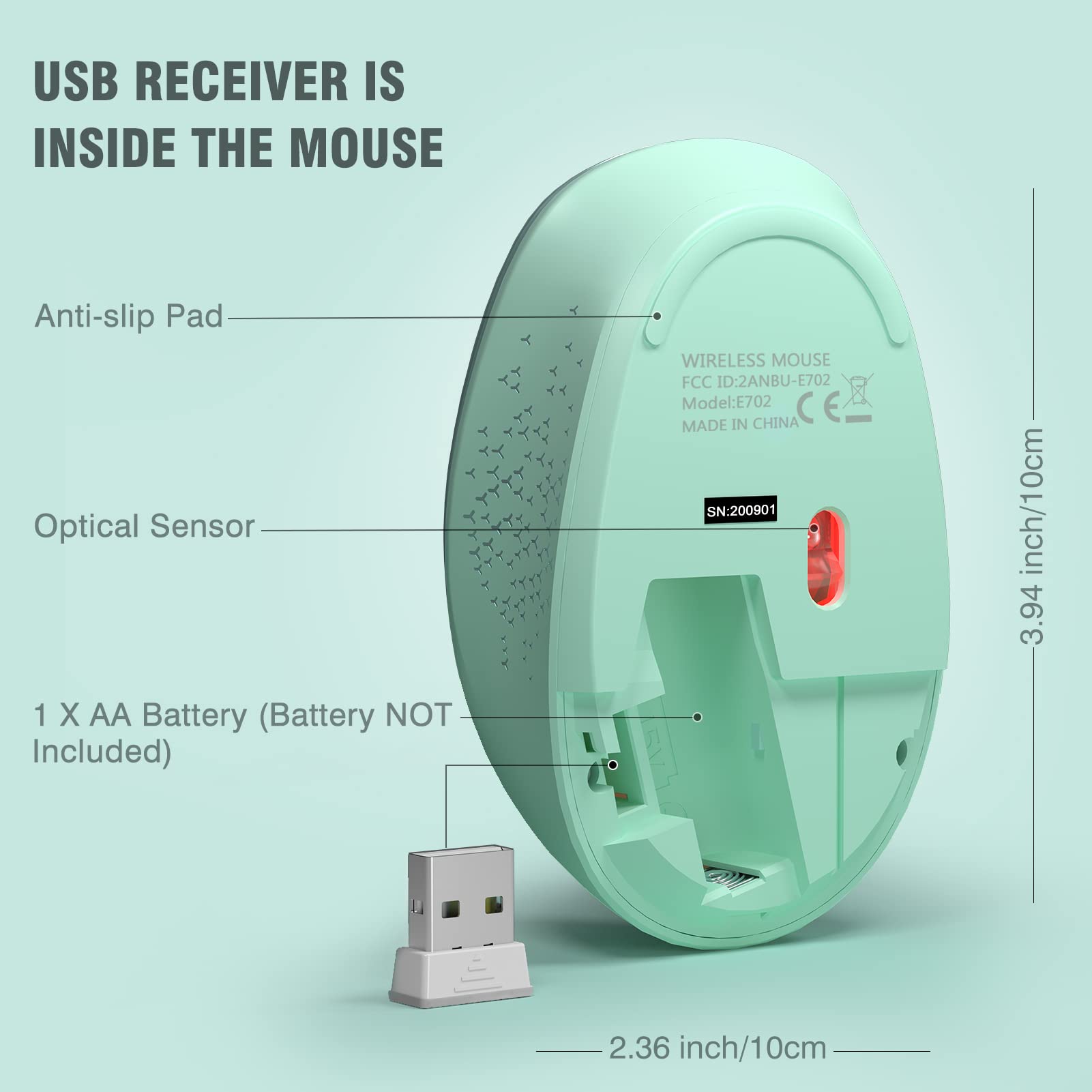 Trueque Wireless Mouse E702 2.4GHz Portable Computer Mouse with USB Receiver, Comfortable Silent Mice for Laptop, Chromebook, PC, Notebook, Desktop, Windows, Mac (Mint Green)
