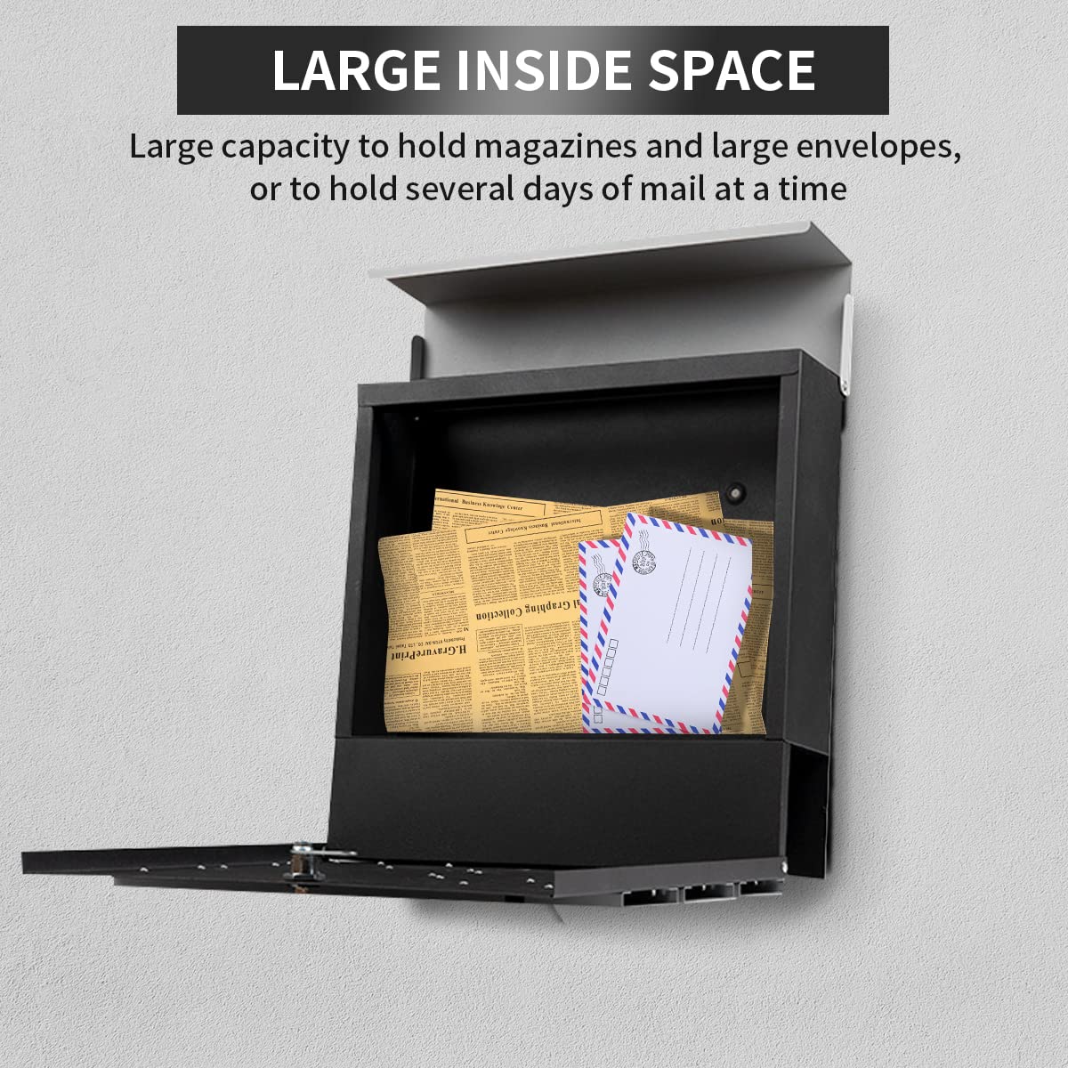 Yoocabinet Mailbox Wall Mount,Large Capacity Locking Mailbox for Outside,Galvanized Steel Cover and Rust-Proof Metal Post Box with Newspaper Holder,14.6"x14.6"x4.3" Silver,MD025S