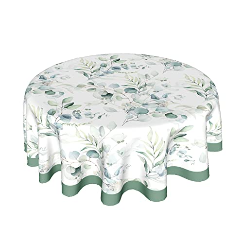Spring Flower Tablecloth Round 60 Inch Sage Green Leaf Floral Round Tablecloth Farmhouse Watercolor Eucalyptus Decor Tablecloths Waterproof Polyester Table Cloth Round for Holiday Home party Decor