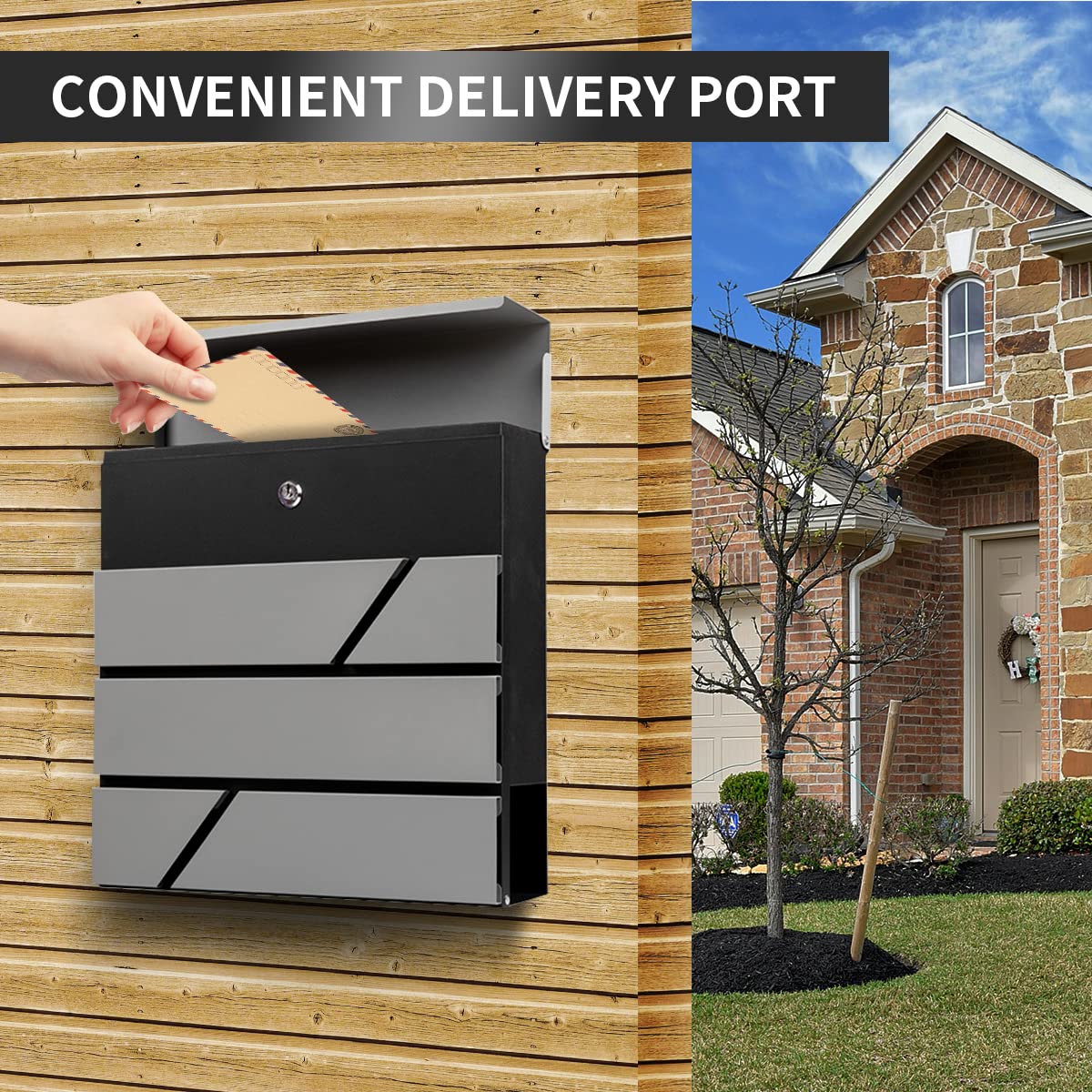 Yoocabinet Mailbox Wall Mount,Large Capacity Locking Mailbox for Outside,Galvanized Steel Cover and Rust-Proof Metal Post Box with Newspaper Holder,14.6"x14.6"x4.3" Silver,MD025S