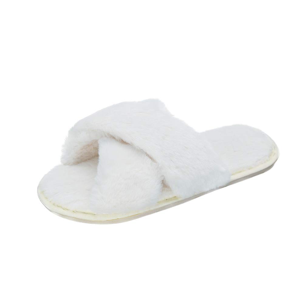 HUMIWA White Cross Slippers Fuzzy Fluffy Faux Fur House SPA Cute Open Toe Slippers for Women Girl/Women8-8.5 Men7-7.5