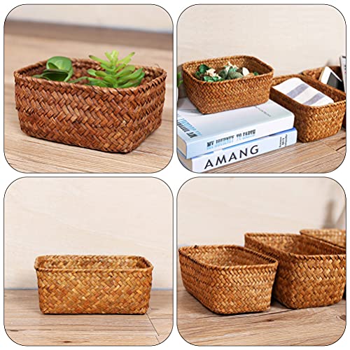Seagrass Woven Basket, Small Storage Basket Rectangular Organizer Tray Decorative Shelf Basket Weave Sundries Container Desktop Basket for Makeup, Clothes, Toys, Stationery (M)