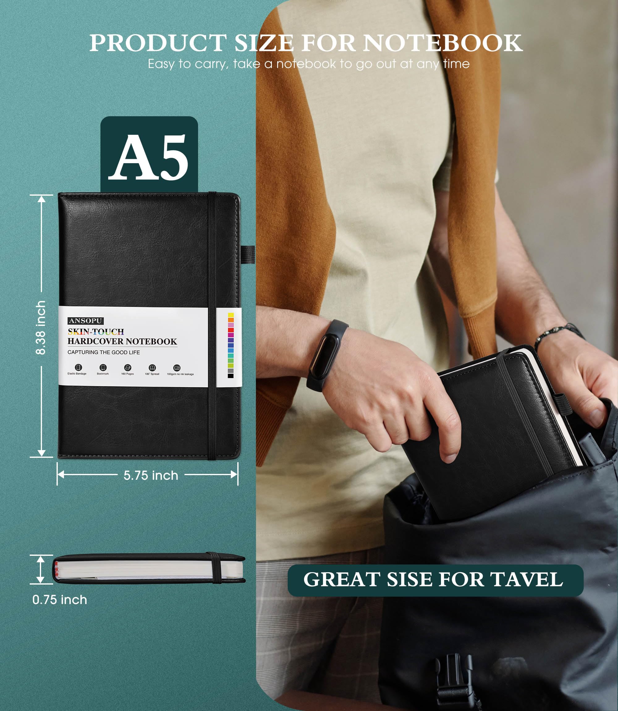 Ansopu Lined Journal Notebook for Writing, A5 100 GSM Thick Paper, Leather Hardcover Journal for Woman Men, Travel Journal Diary 160 Pages(5.75'' X 8.38'' Black)