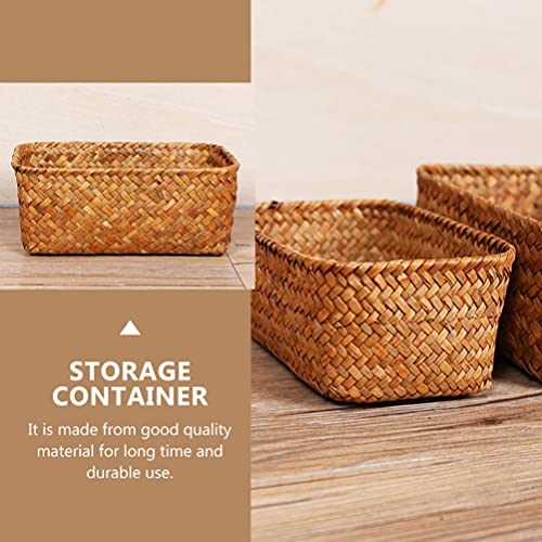 Seagrass Woven Basket, Small Storage Basket Rectangular Organizer Tray Decorative Shelf Basket Weave Sundries Container Desktop Basket for Makeup, Clothes, Toys, Stationery (M)