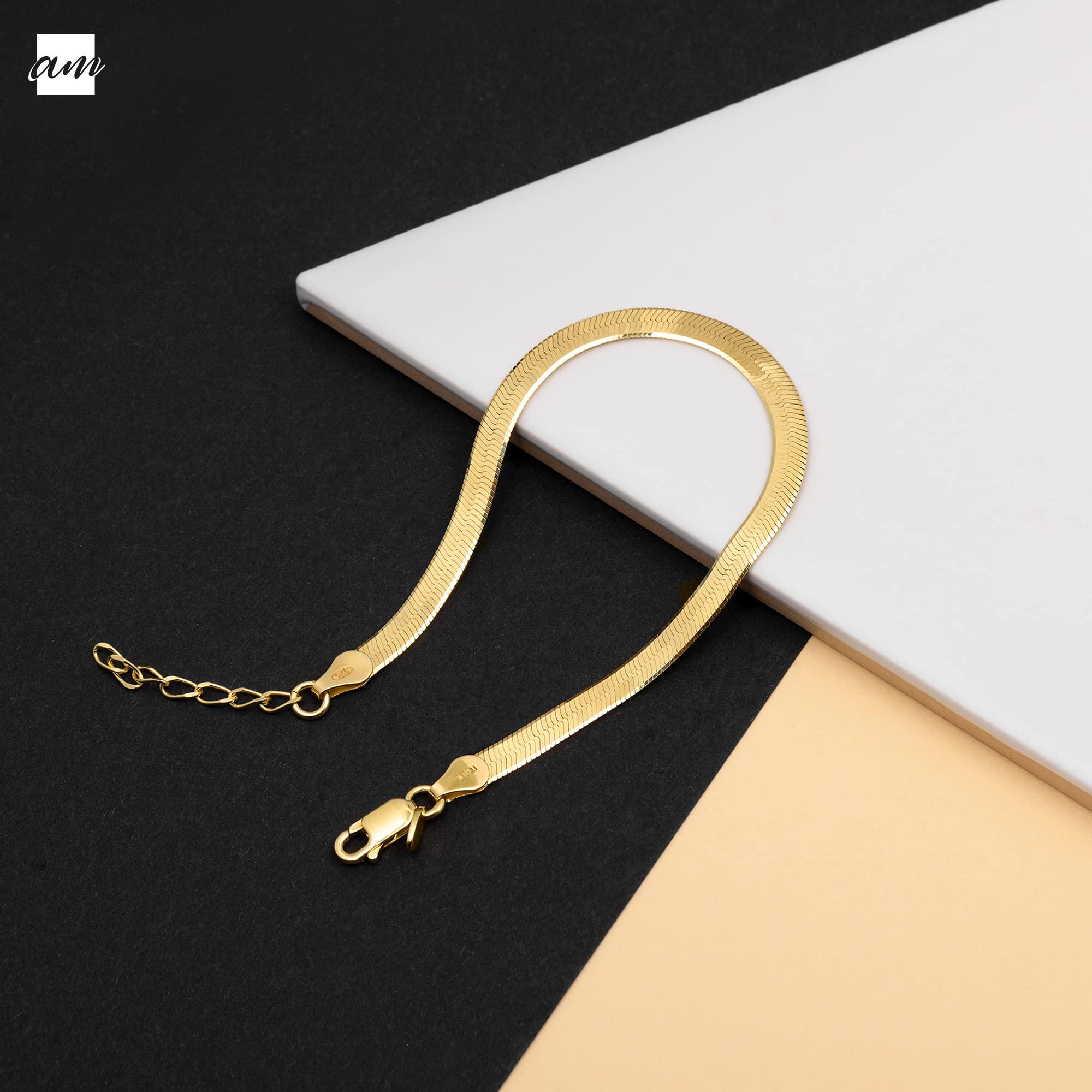 Amberta Women 925 Sterling Silver Flat Snake Bracelet: 4.5 mm Gold Plated Herringbone Bracelet 8 inch